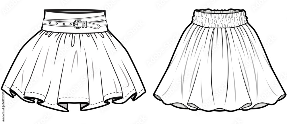Skater Skirt with Belt, Gathered Waist Circle Short Skirts Sets Fashion ...