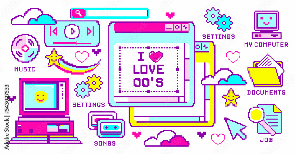 y2k pixel icons, Old computer browser in 00s vaporwave style with ...