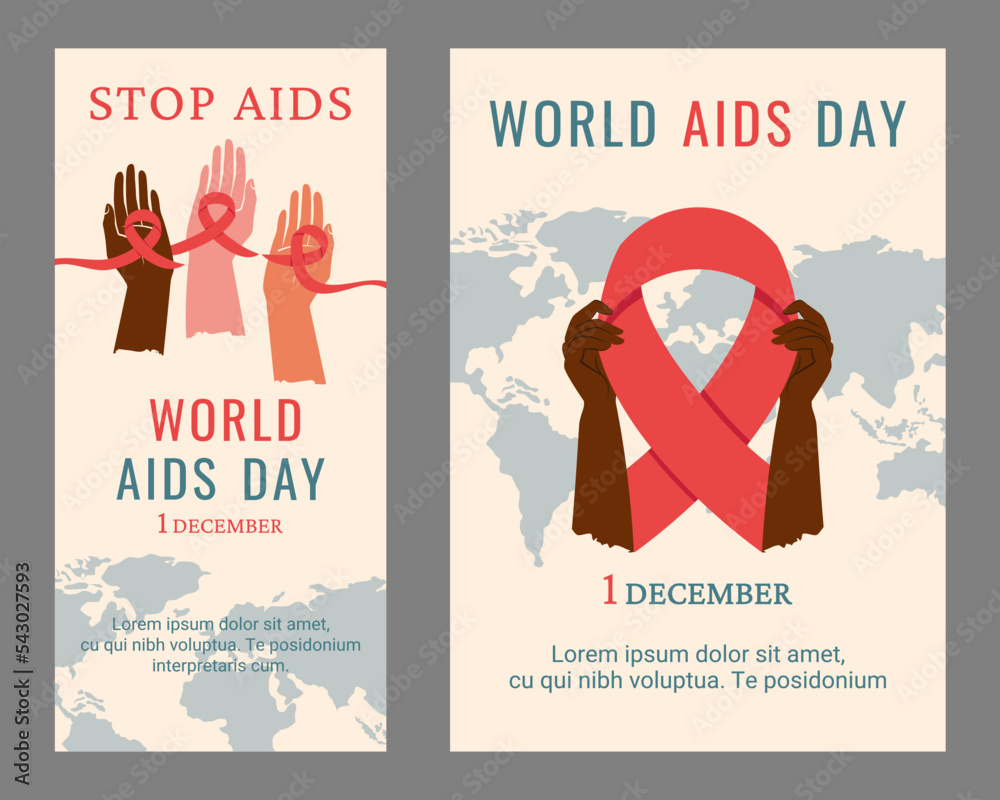 World Aids day. Set of posters. Awareness of AIDS. People of different ...