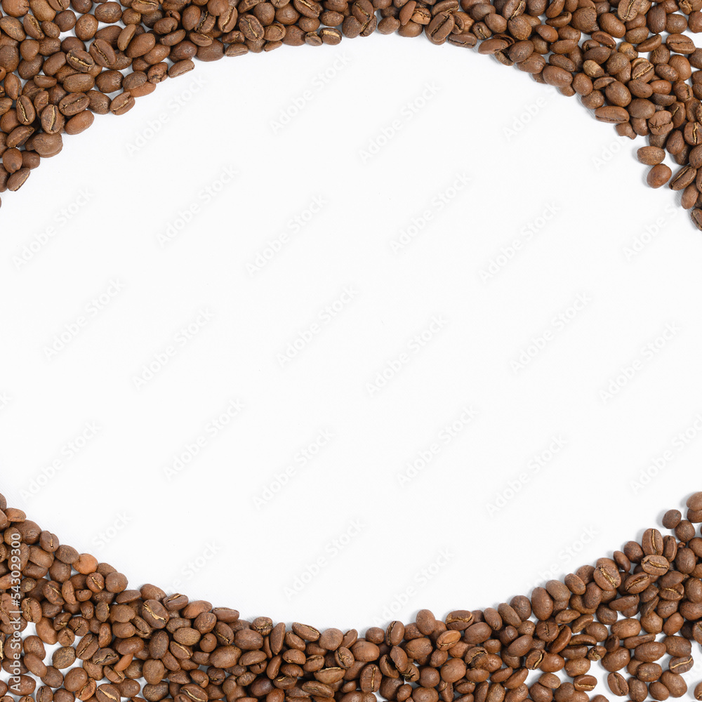 Circle frame of coffee beans isolated on white background, example for ...