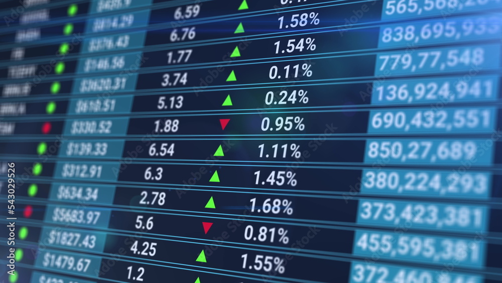 Stock market data rolling and processing over a grid. Digital screen ...