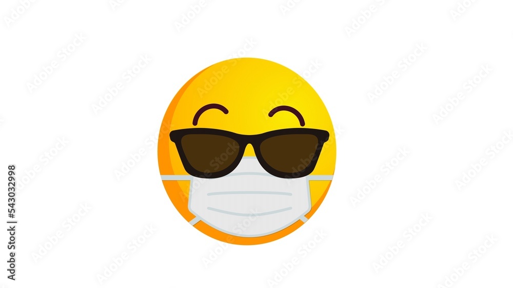 Rejoicing and smiling yellow emoji in medical mask and black sunglasses ...