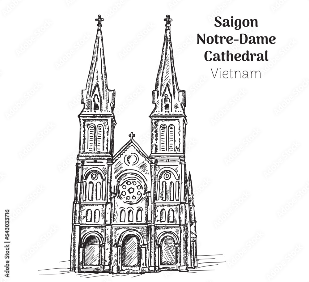 Saigon Notre Dame Cathedral vietnam hand drawing vector illustration ...