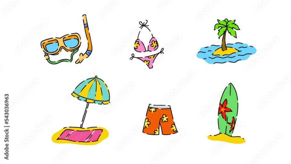 Vidéo Stock Beach stuff. Snorkel mask. Swimsuit. Surf. Palm tree on the ...