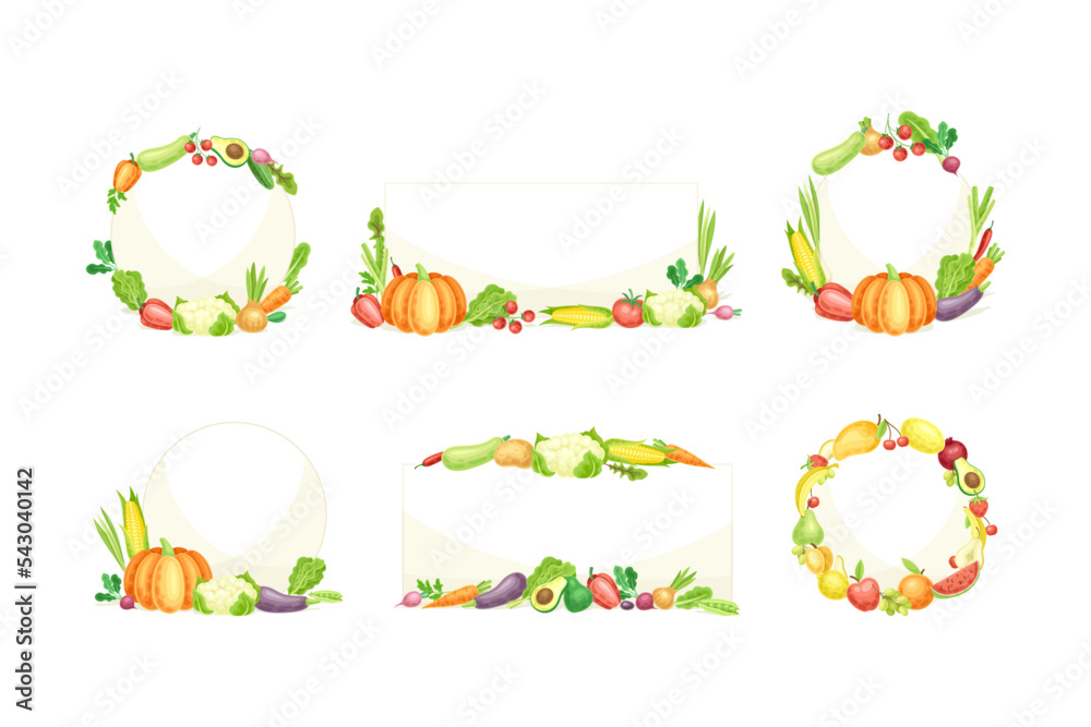 Vegetables frames and borders set. Vegetarian menu, fresh organic ...