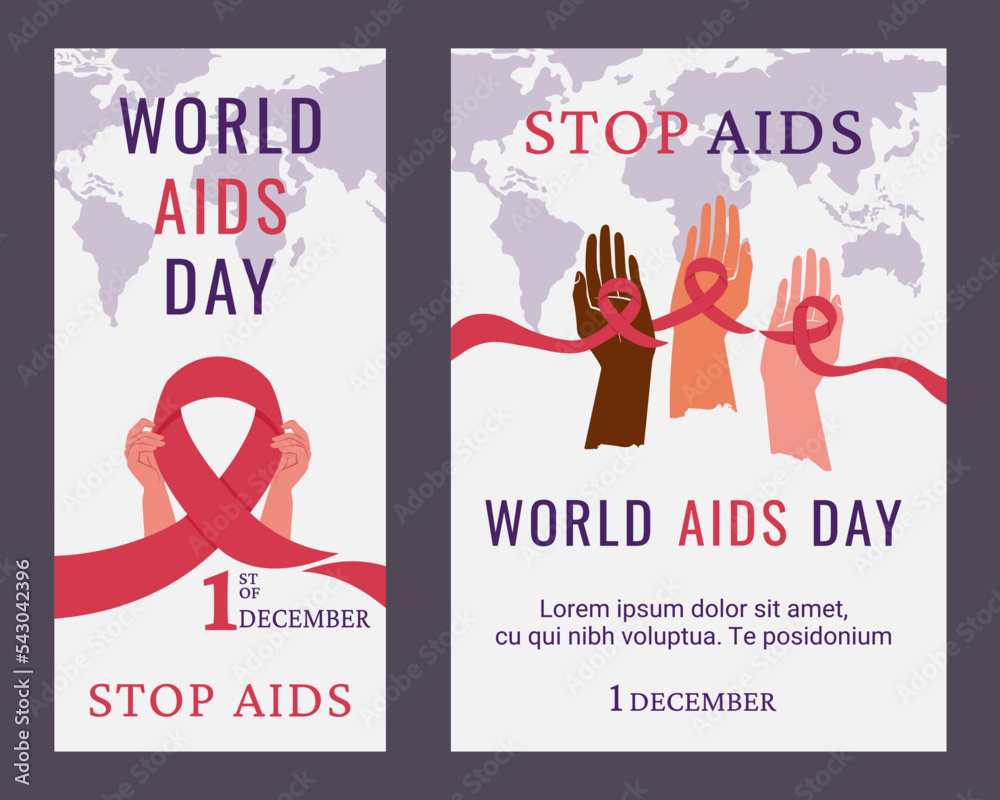 World Aids day. Set of posters. Awareness of AIDS. People of different ...