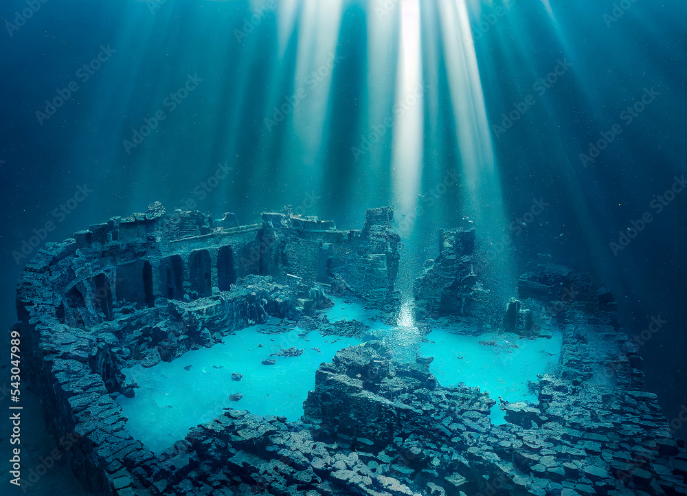 Lost city of Atlantis, underwater ruins Stock Illustration | Adobe Stock