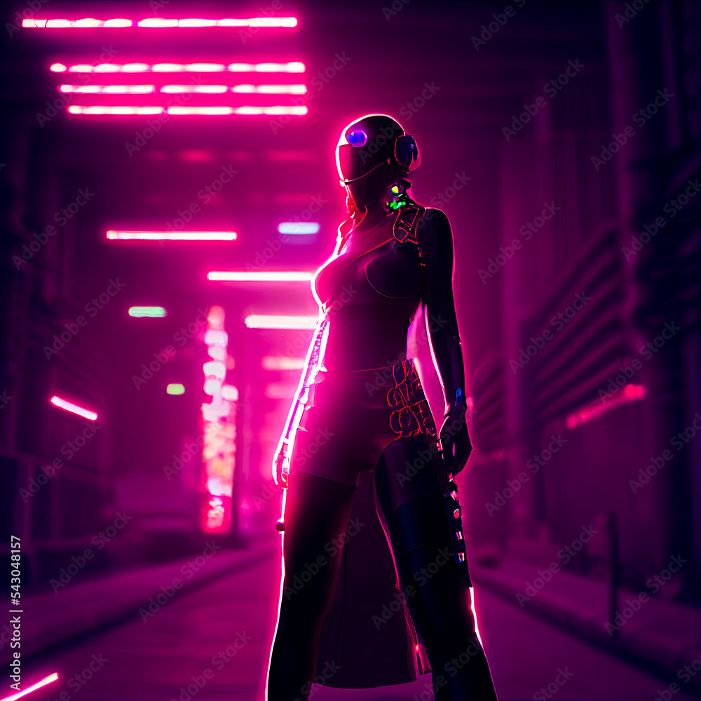 Pink Cyberpunk girl pose digital illustration Stock Illustration ...