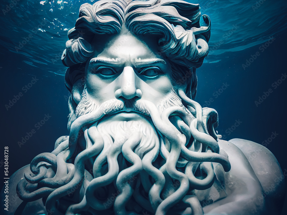 Poseidon statue underwater, digital illustration. Stone sculpture Stock ...