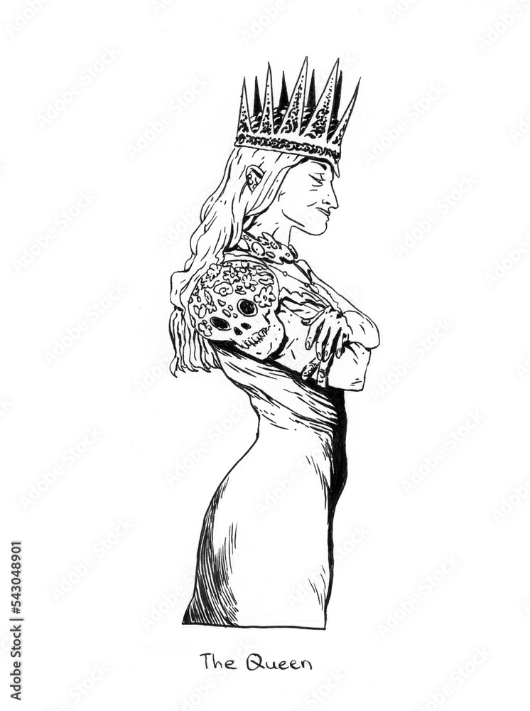 Ink drawing of an evil Queen with a skull , stylized black and white ...