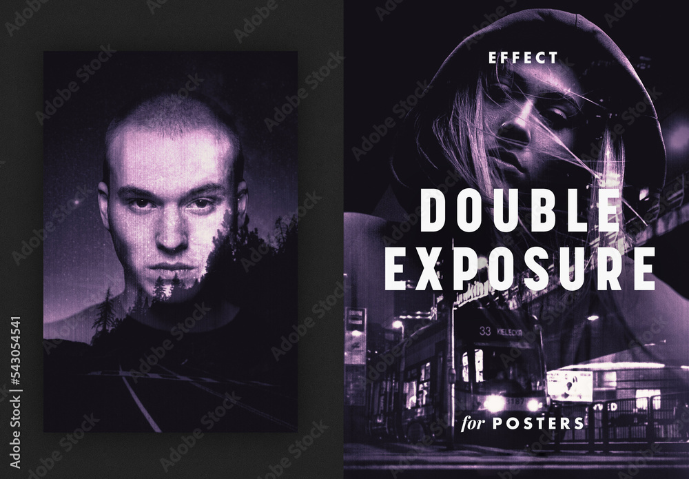 Purple Double Exposure Poster Photo Effect Mockup Stock Template ...