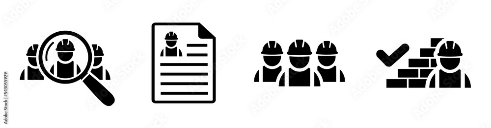 Building contractor icon set in flat. Search, resume, brick wall, check ...