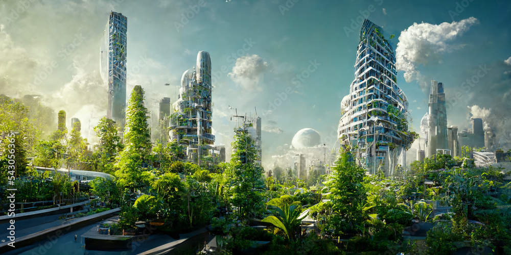 Futuristic sci-fi fantasy city green buildings with trees, plants on ...