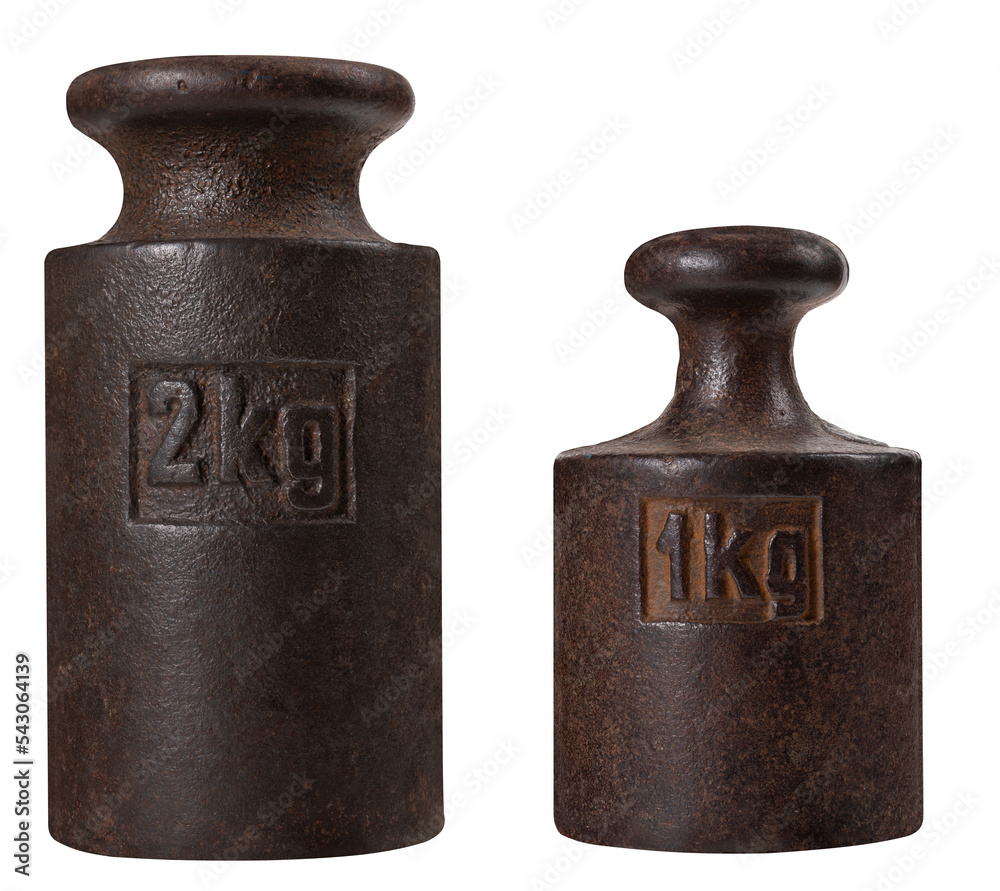 Metal one and two kilogram weights for an old analog scale on an ...