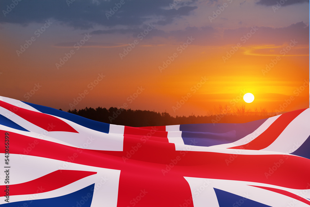 National flags of United Kingdom on sunset sky background. Background ...