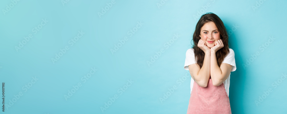 Watching adorable scene. Smiling cute girl with glamour make up and ...