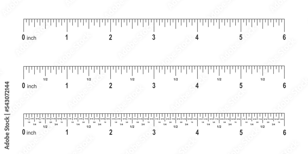 Set of 6 inches scale for ruler with markup, numbers and fractions ...