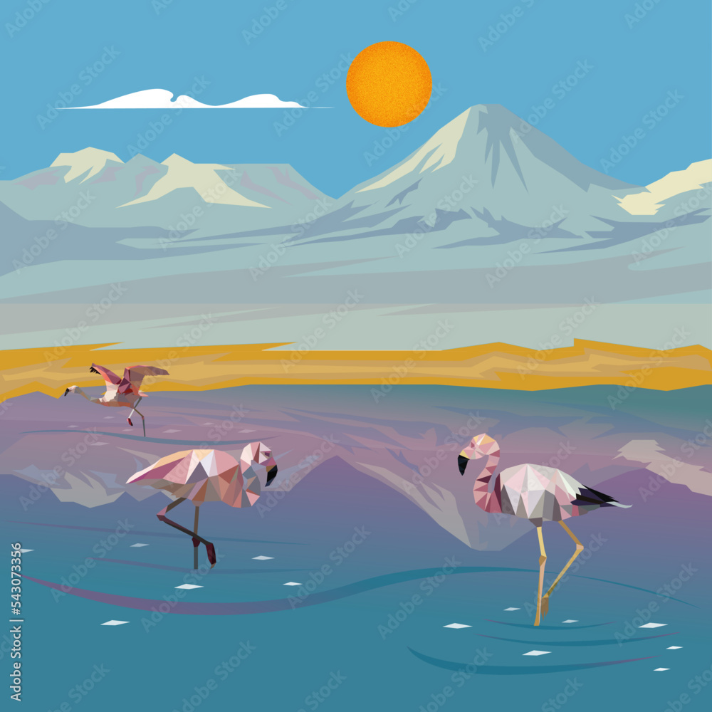 pink flamingos in the atacama desert chile, full lowpoly vector ...