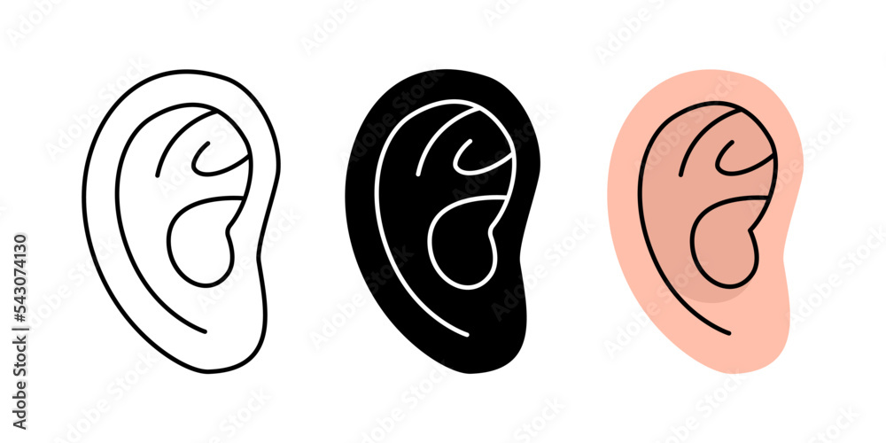Set of human ear symbols. Human ear icons in color, black and thin line ...