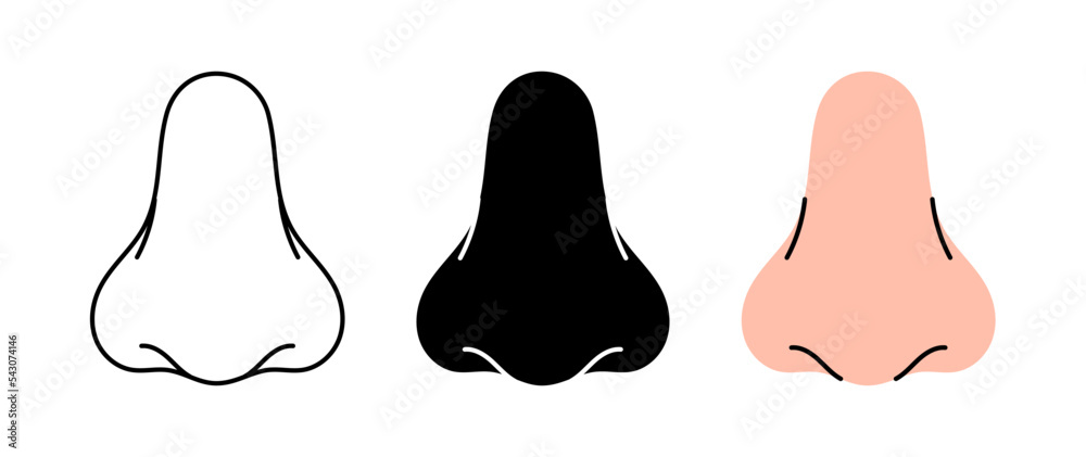 Set of human nose symbols. Human nose icons in color, black and thin ...