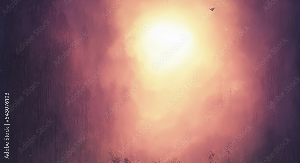 Highly detailed illustration of a an old giant forest with fireflies at ...