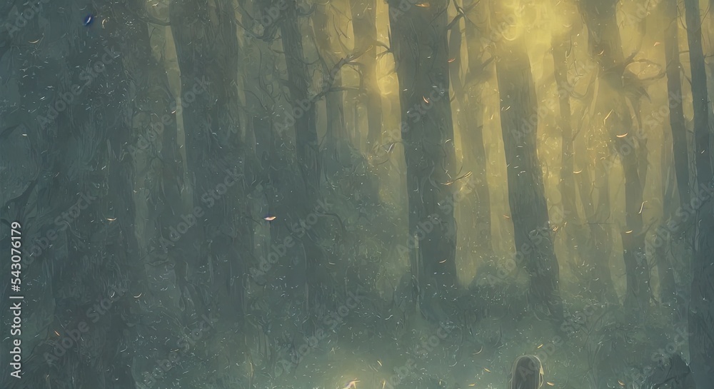 Highly detailed illustration of a an old giant forest with fireflies at ...