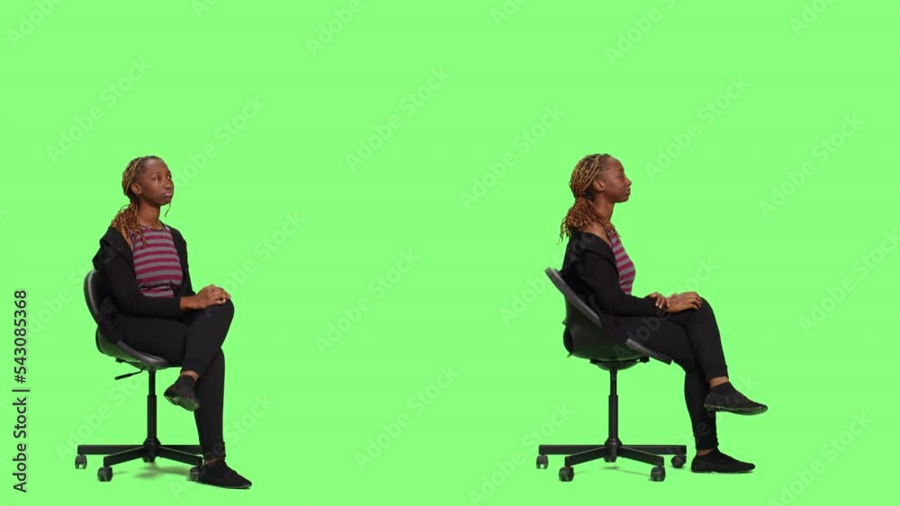 Positive cheerful girl sitting on chair in two sides of full body ...