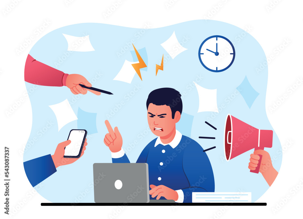 Overwhelmed man concept. Overworked employee and burnout, panic and ...