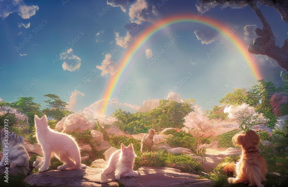 Dogs and cats live afterlife in a heavenly paradise where they play and ...