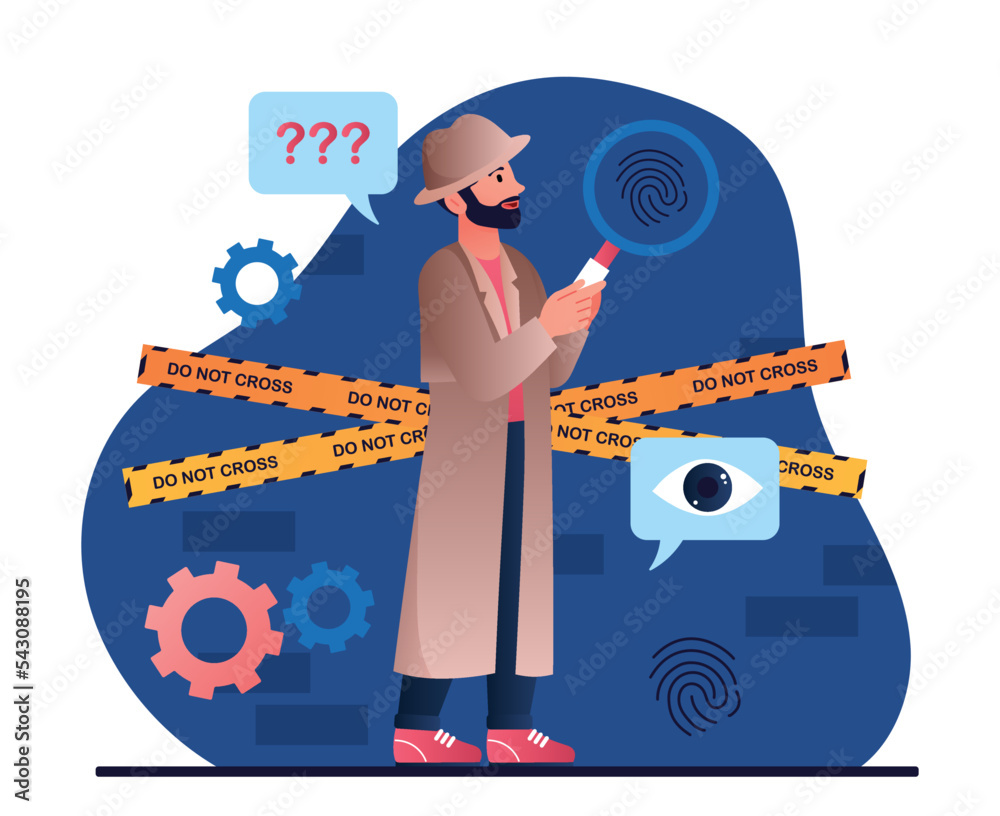 Detective at scene of murder. Professional with magnifying glass looks ...