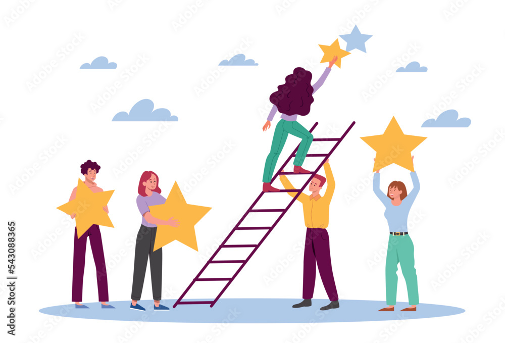 Feedback teamwork concept. Men and women hold ladder to help lift stars ...