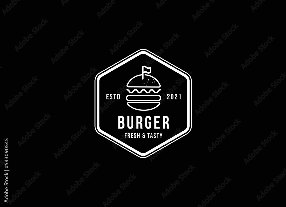 Burger factory logo. Hamburger restaurant emblem. Linear flat logo. Big ...