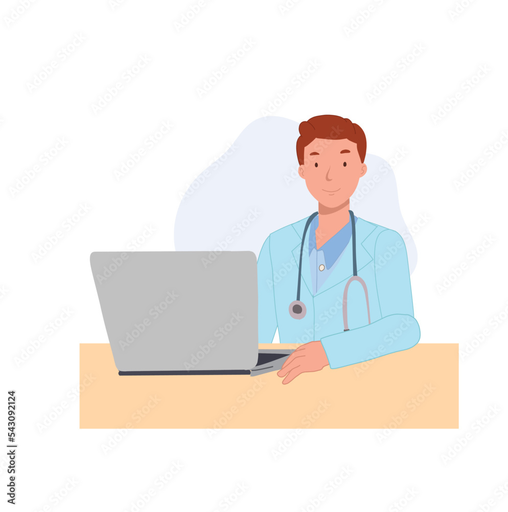 male Doctor is working in a room with laptop. flat vector cartoon ...