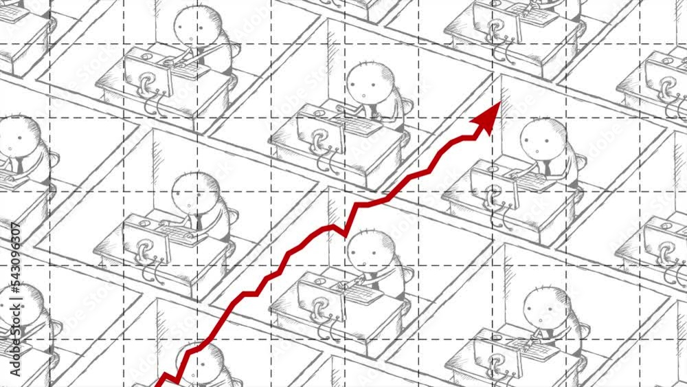 Cartoon office employees in cubicles with red arrow graph. Black and ...