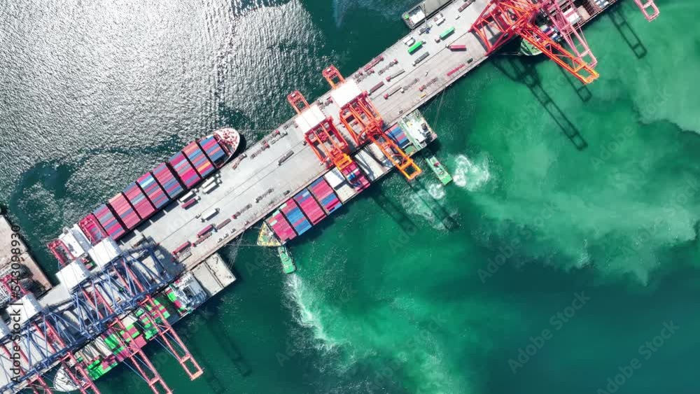 Tug boat drag pull Cargo Container Ship to international Bridge cargo ...