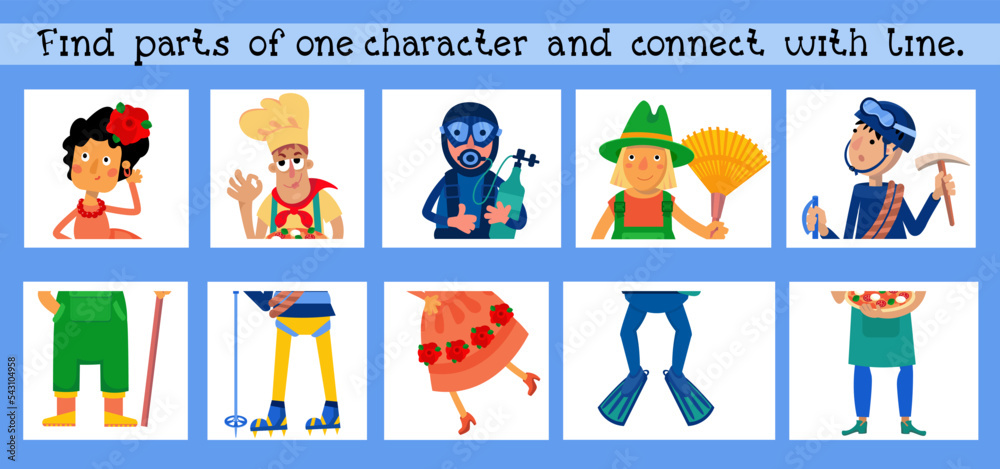 Educational game for children. Find parts of one character and connect ...