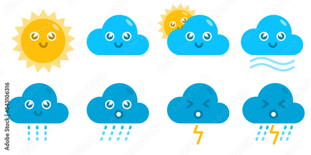 Weather sun cloud wind rain thunder cute kawaii cartoon vector concept ...