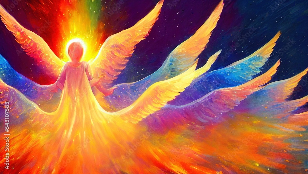 Ai generated digital art of colorful angels with open wings on a dark ...