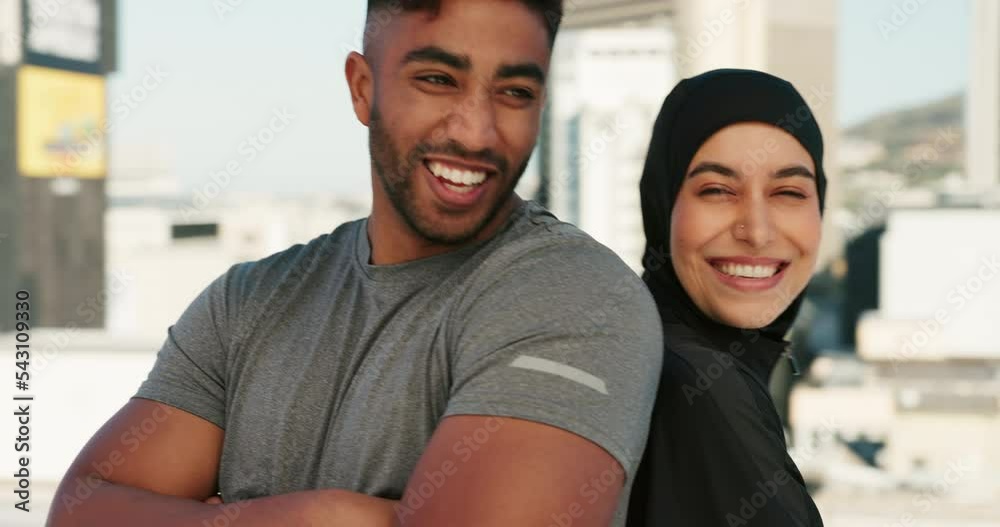 Fitness, happy and Muslim couple training for motivation, health and ...