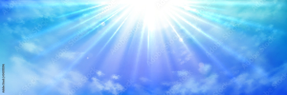 Heaven with sun light rays or beams bursting from clouds in blue sky ...