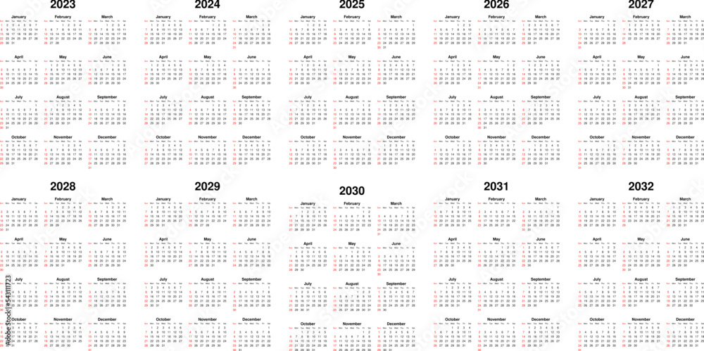 Ten year vector calendar 2023, 2024, 2025, 2026, 2027, 2028, 2029, 2030 ...