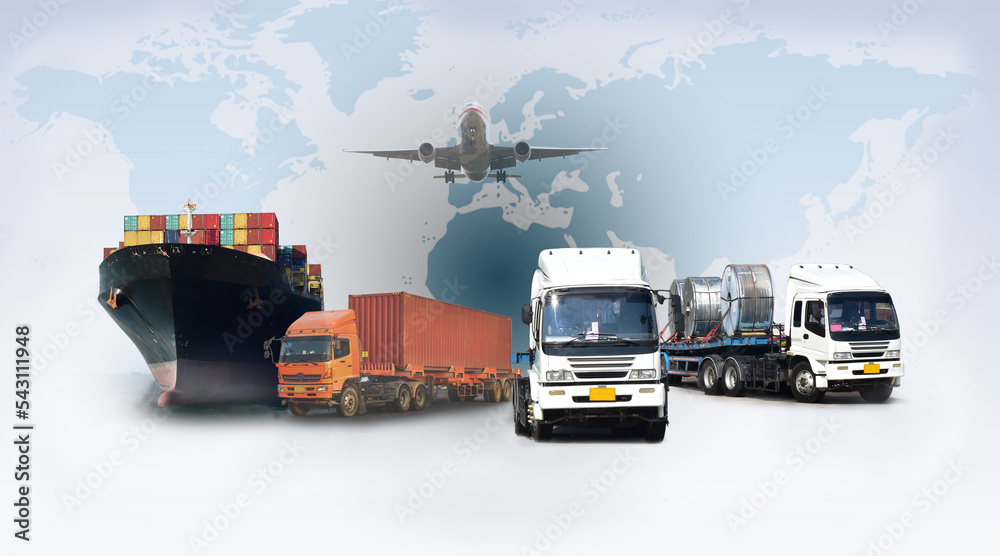 Global cargo transportation, container ship, truck, prime mover, plane ...