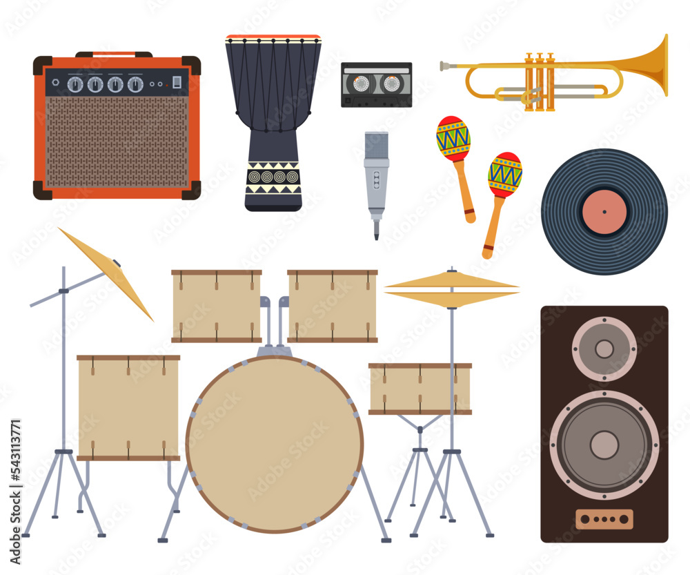 Set of color vector flat musical instruments. Vector music instruments ...