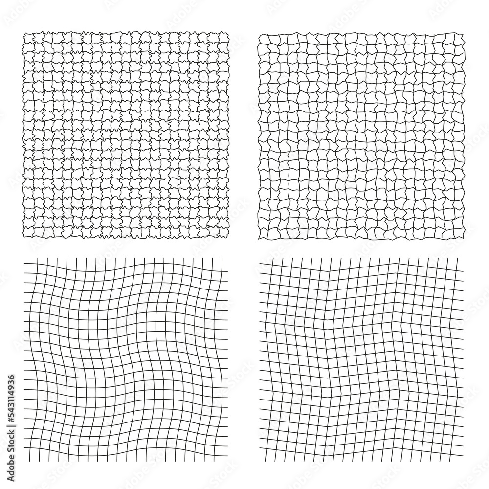 Checkered grid set. Distorted line meshes. Abstract deformed warp ...
