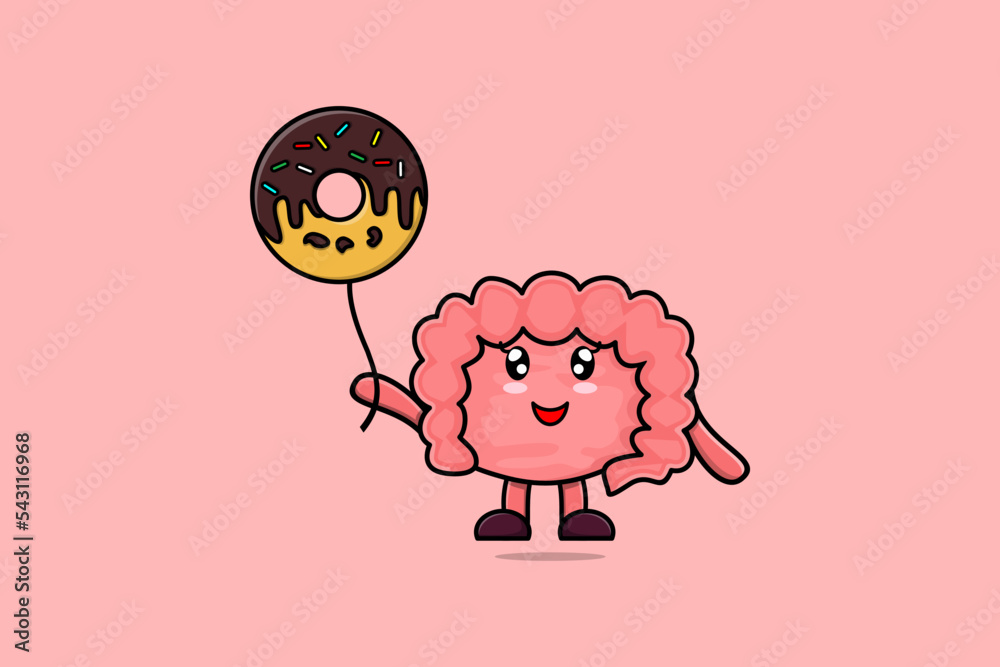 Cute cartoon Intestine floating with donuts balloon cartoon vector ...