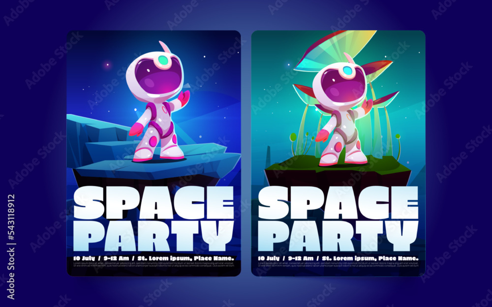 Space party posters with cute little spaceman on alien planet with ...
