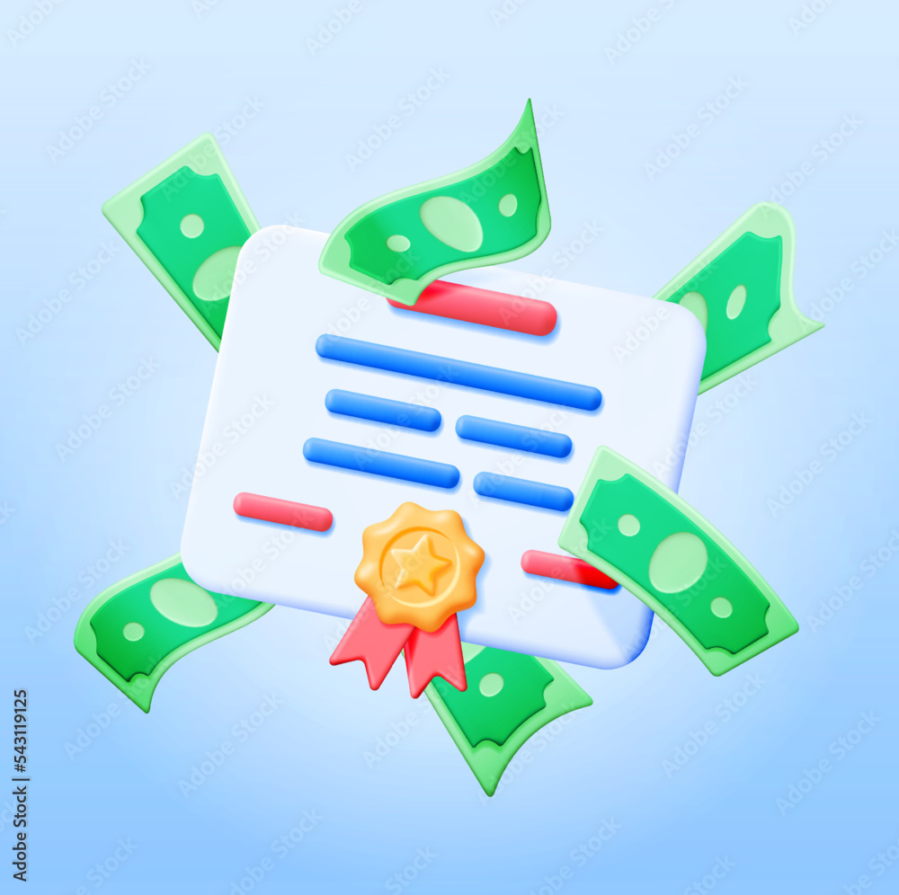 3D Certificate with Stamp and Money Isolated. Render White Diploma with ...