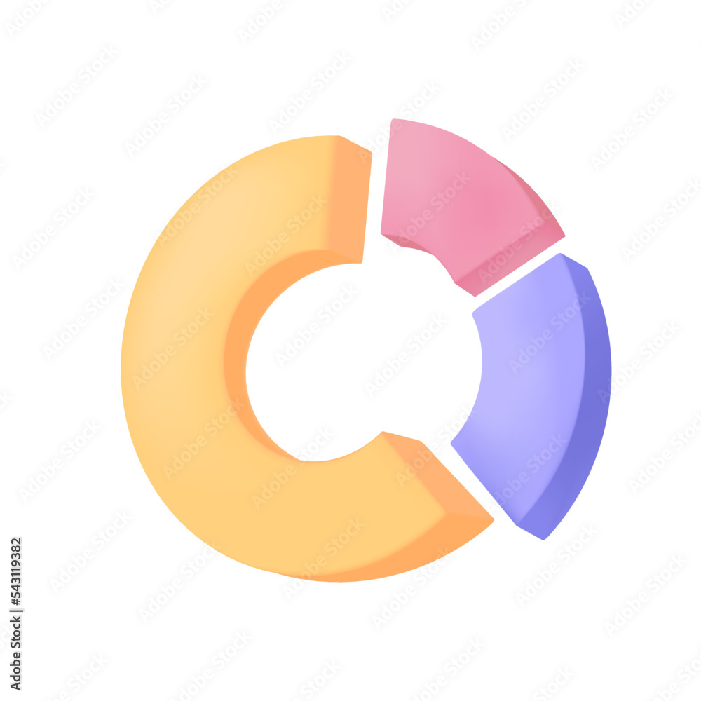 Pie chart with three sections or slices 3D icon. Round donut graph with ...