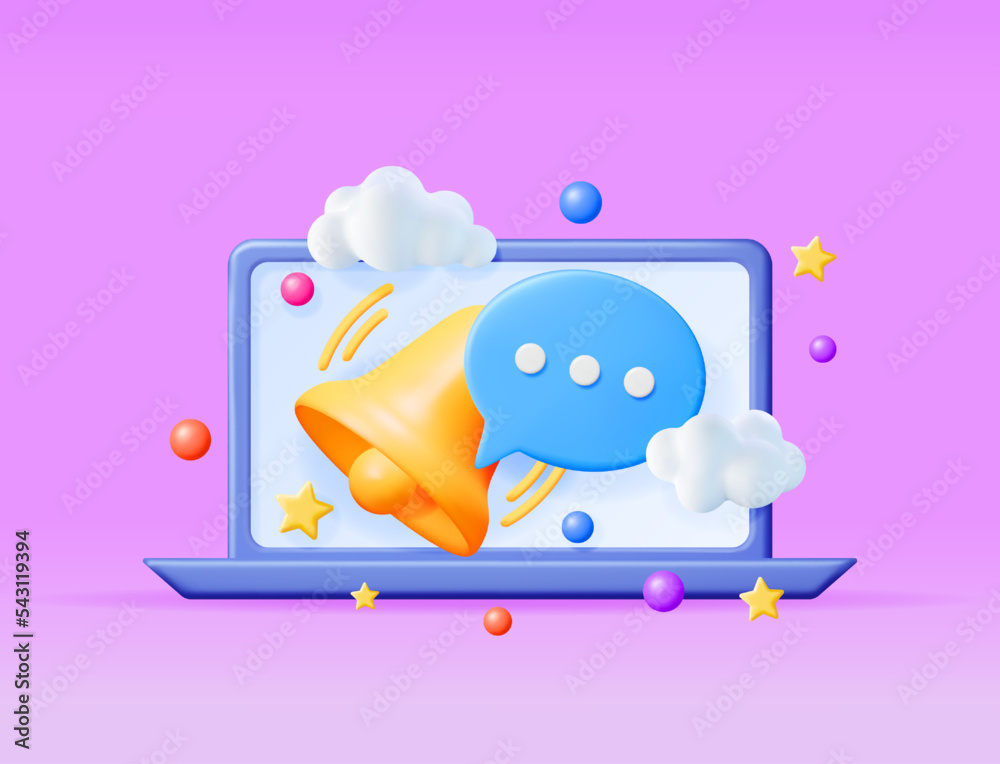 3D Notification Popup with Bell in Laptop. Golden Render Ringing Bell ...