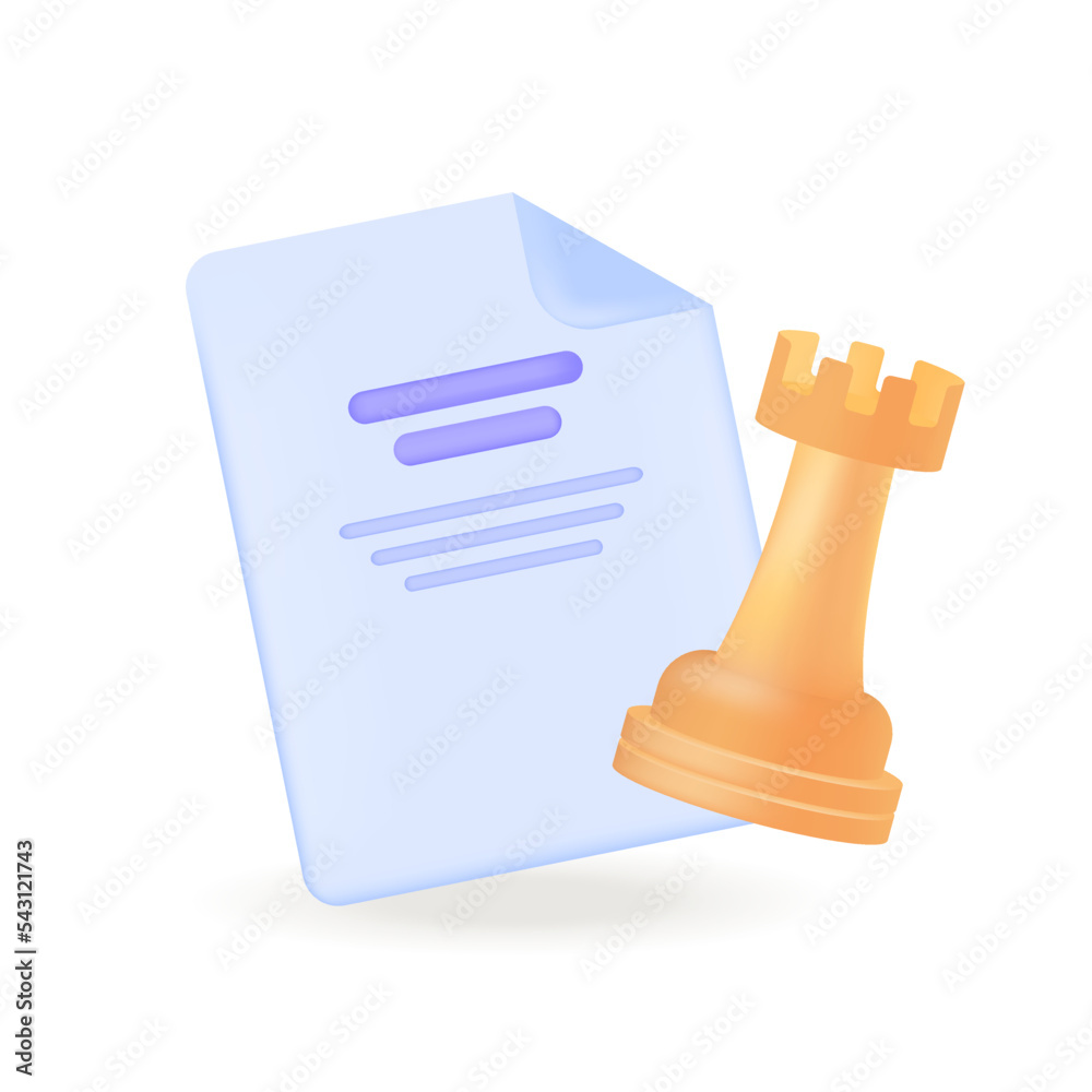 Yellow chess rook and purple paper document with text 3D icon. Business ...